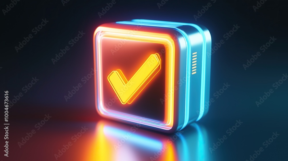 Neon check mark symbol shines within a rounded square, indicating ...