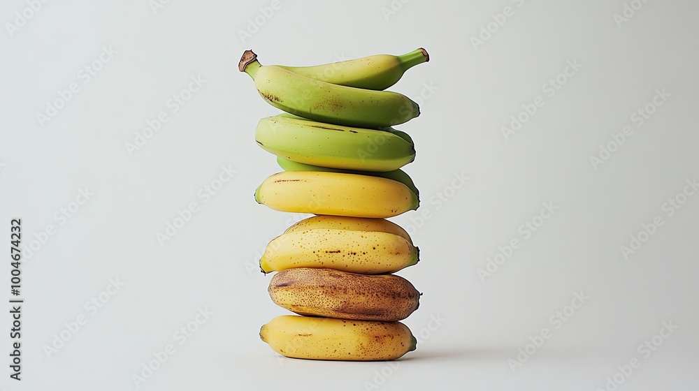 A stack of bananas with different ripeness levels displayed on a clean ...