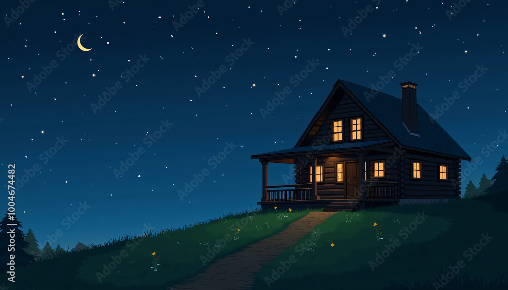 The image is a digital illustration of a wooden cabin on a hillside at ...