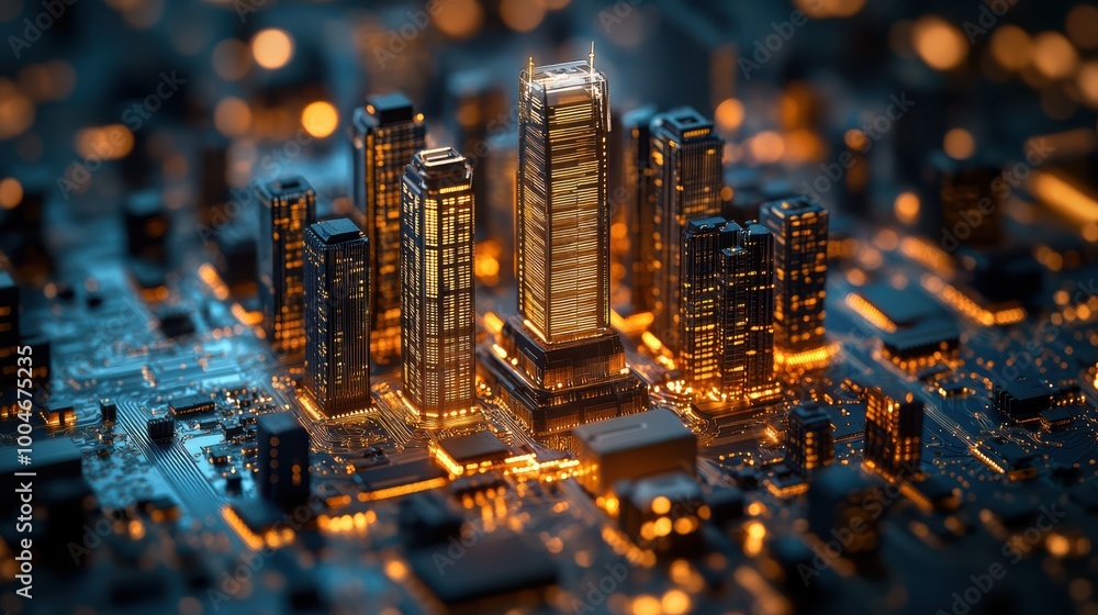 Futuristic cityscape with illuminated skyscrapers integrated into a ...