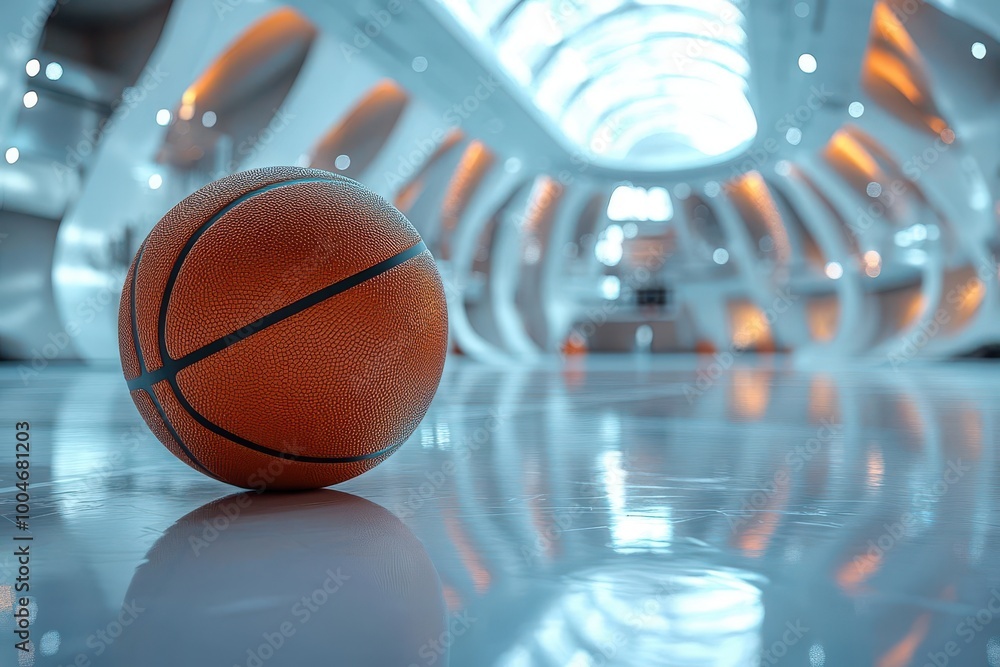 basketball ball set against the backdrop of a modern arena capturing ...