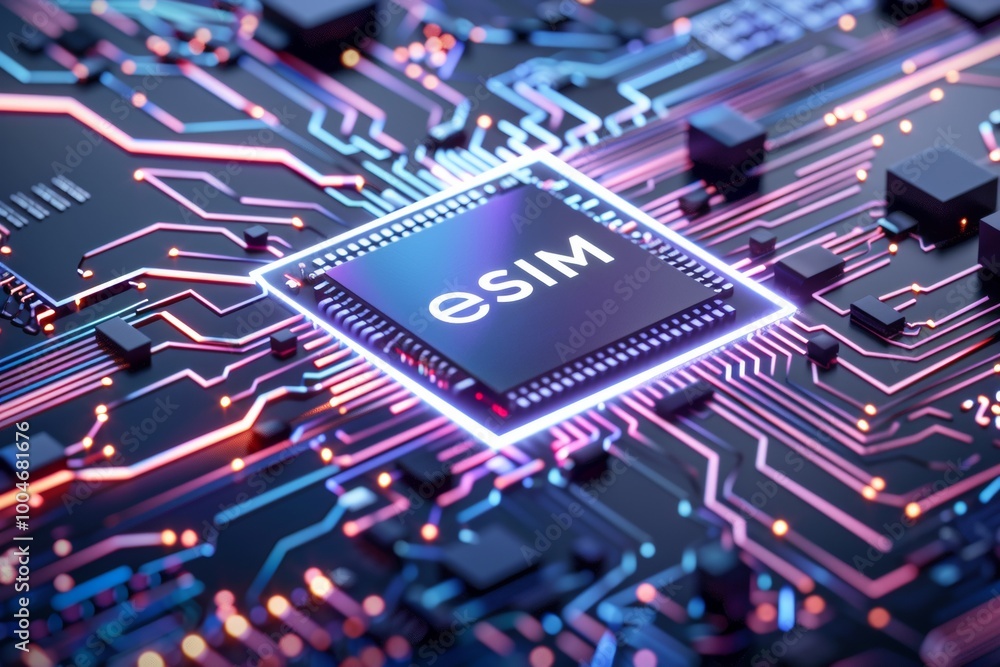 Logo with the word "eSIM" in holographic style and circuit board ...