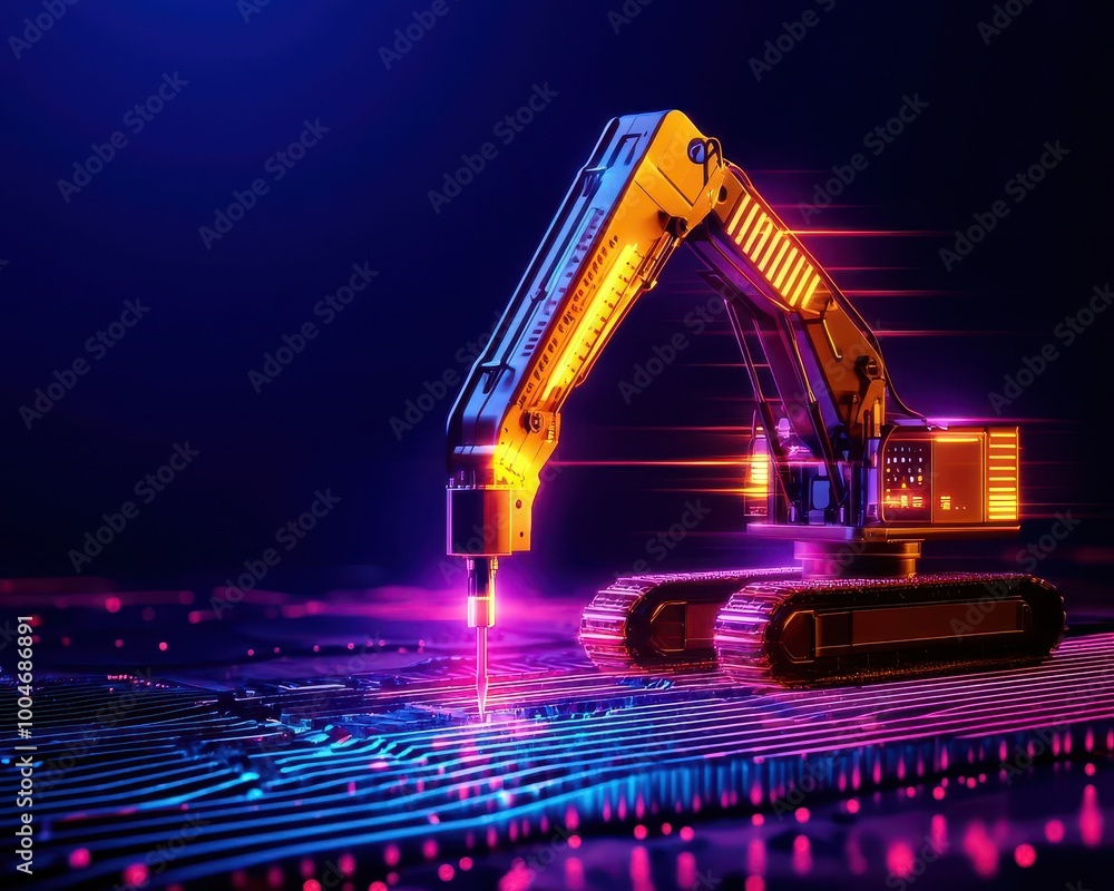 Automated drilling machine at a remote construction site, AI ensuring ...