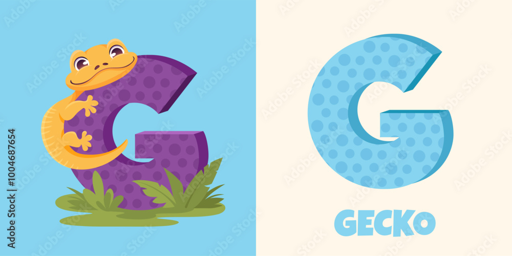 Letter G with cute Gecko. Animal Zoo English alphabet for educational ...