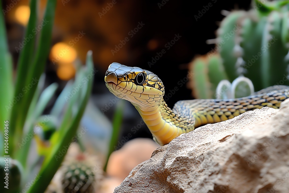A desert habitat with cactus, snakes, and lizards, where hardy plants ...