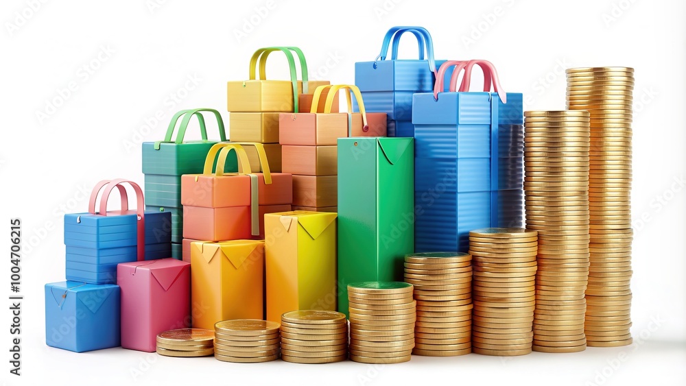 Colorful icons of shopping bags, charts, and graphs surround a growing ...