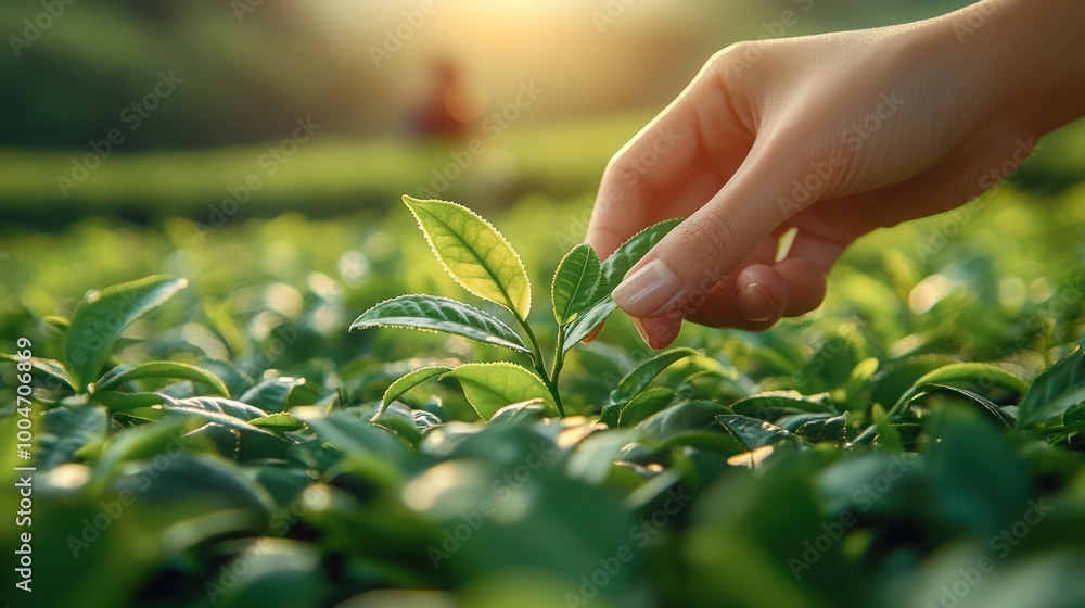 Female Trader Checking Fresh Green Tea Leaves in Asian Tea Plantation ...