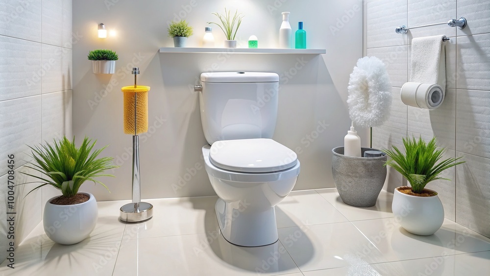 Sparkling white toilet bowl and seat, scrubbed and disinfected with ...