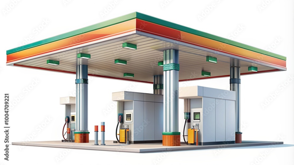 Colorful vector illustration of a modern gas pump station with fuel ...