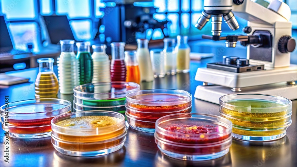 Microscopic slides with stained bacteria cultures and petri dishes ...