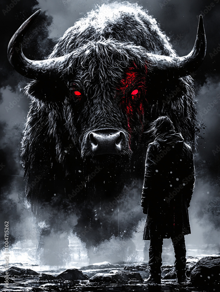 Powerful surreal scene of a lone figure facing a massive bull in a ...