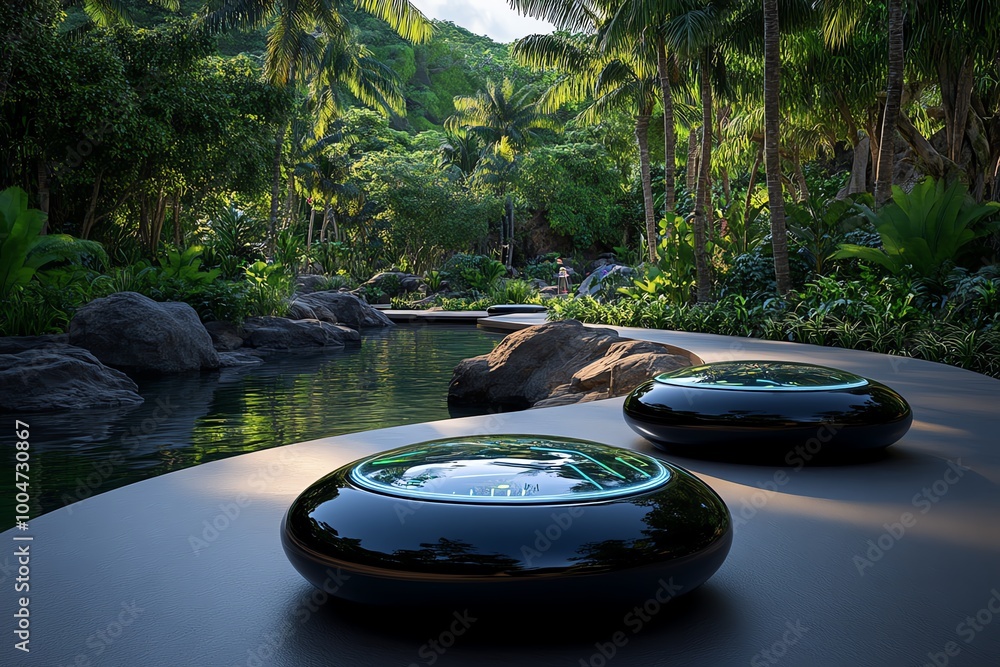 A futuristic nature park with habitats for wildlife, where advanced ...