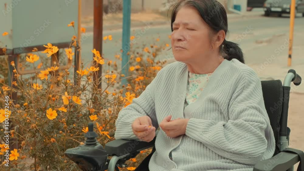 Sad senior woman sitting in wheelchair walking on road in city outdoor ...