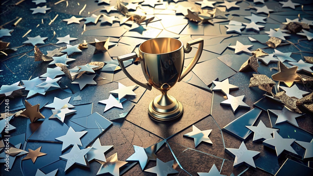 Broken fragments of a shattered trophy lying on a cracked mirror ...