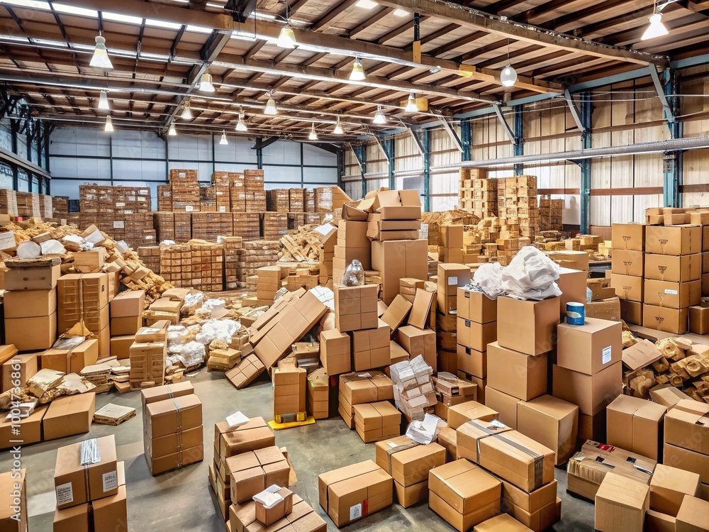 Cluttered warehouse storage area filled with stacks of brown cardboard ...
