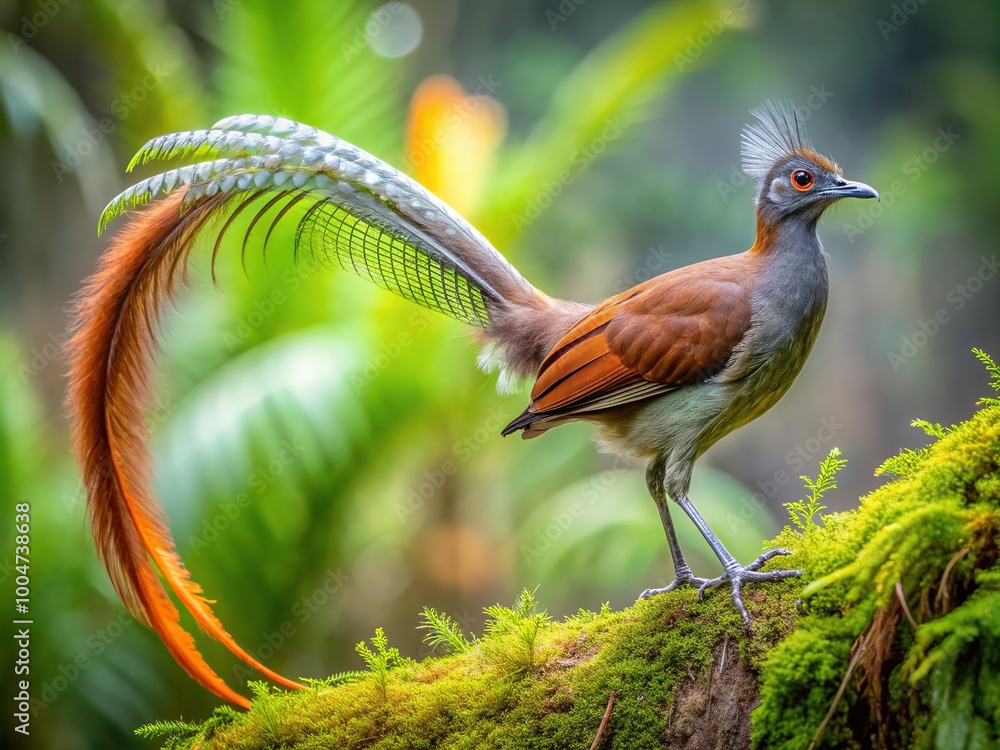 Gorgeous female superb lyrebird perches on a moss-covered branch, proudly displaying vibrant ...