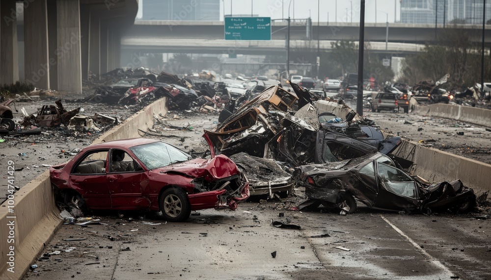 Devastating aftermath of a car crash, showcasing wreckage and ...