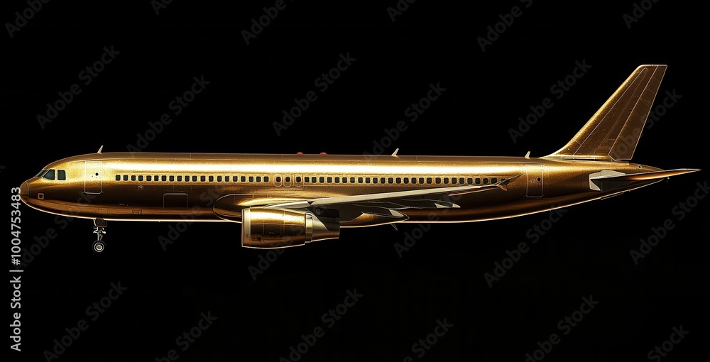 Golden airplane flying elegantly in the air with shining metallic ...