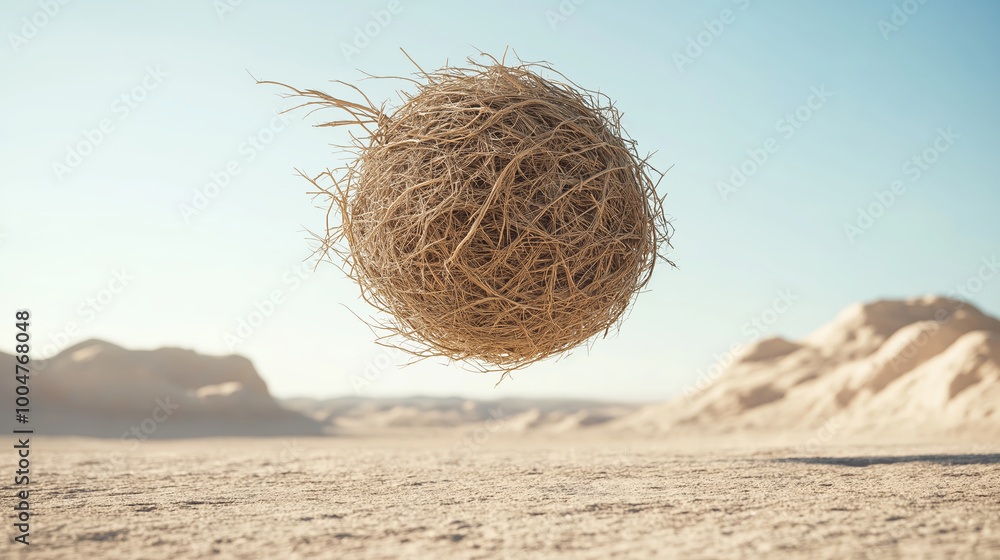Floating tumbleweed in arid desert, clear sky, dry landscape, isolated ...