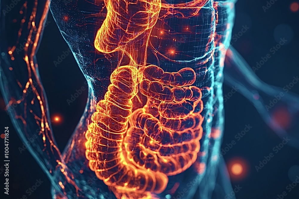 3d rendered illustration of the digestive system glowing inside of a ...