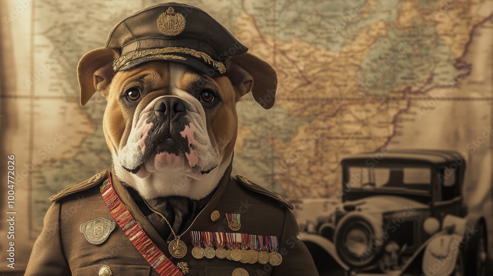 The bulldog dons a detailed military uniform adorned with medals ...