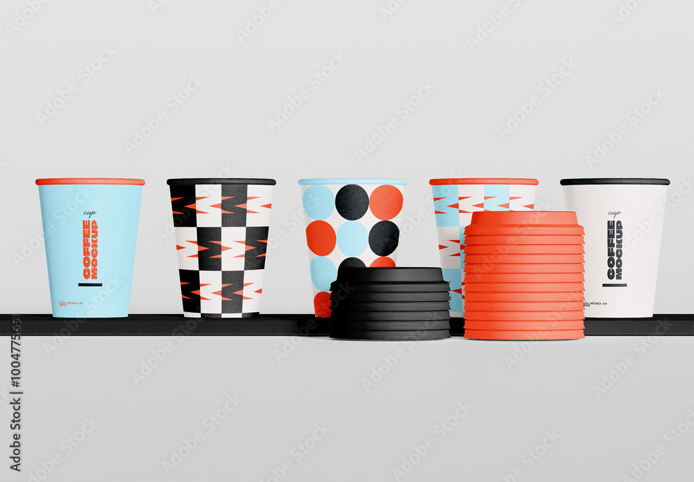 Array of Take Away Coffee Cups and Stacked Lids Mockup Stock Template ...