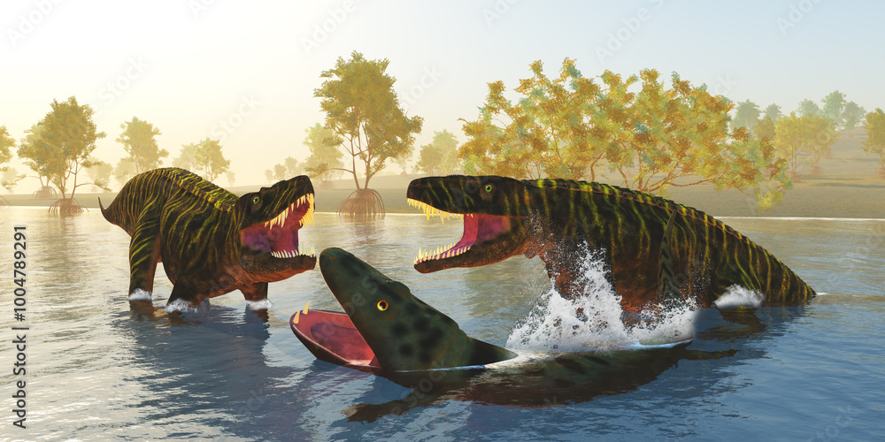 Batrachotomus attack Mastodonsaurus - Two Batrachotomus reptiles corner ...