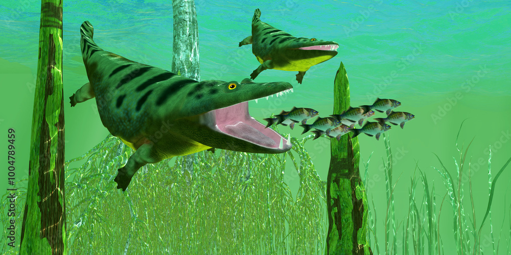 Mastodonsaurus Amphibian Hunting - Mastodonsaurus reptiles chase a ...