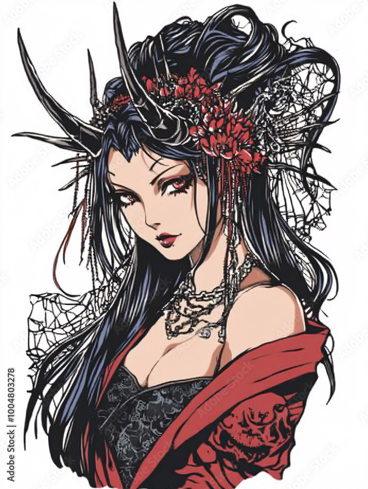 Stylized demon geisha illustration featuring traditional Japanese ...