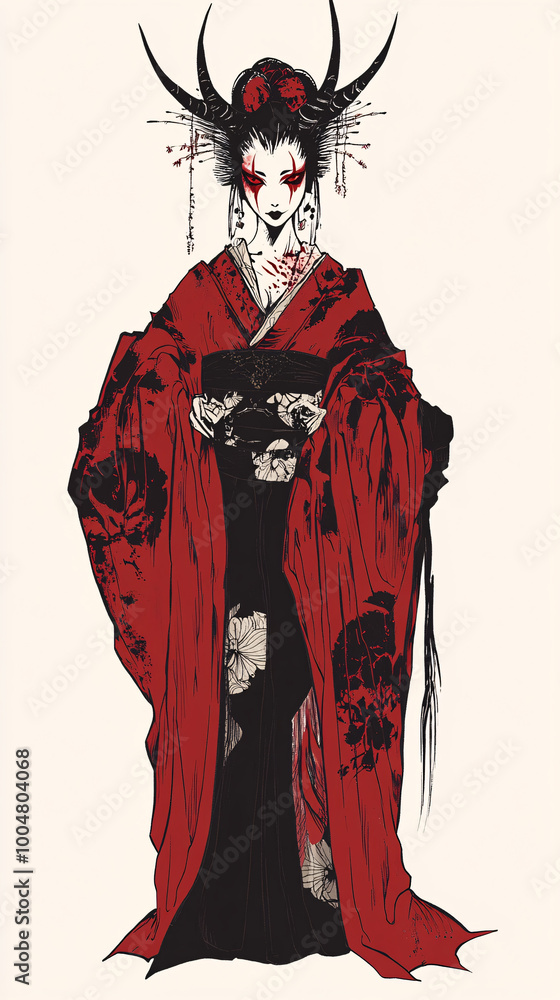 Stylized demon geisha illustration featuring traditional Japanese ...