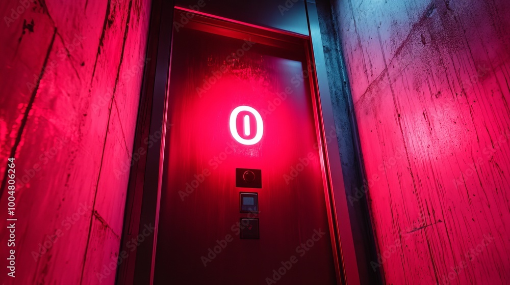 Elevator display light on the first floor, illuminated in red and ...