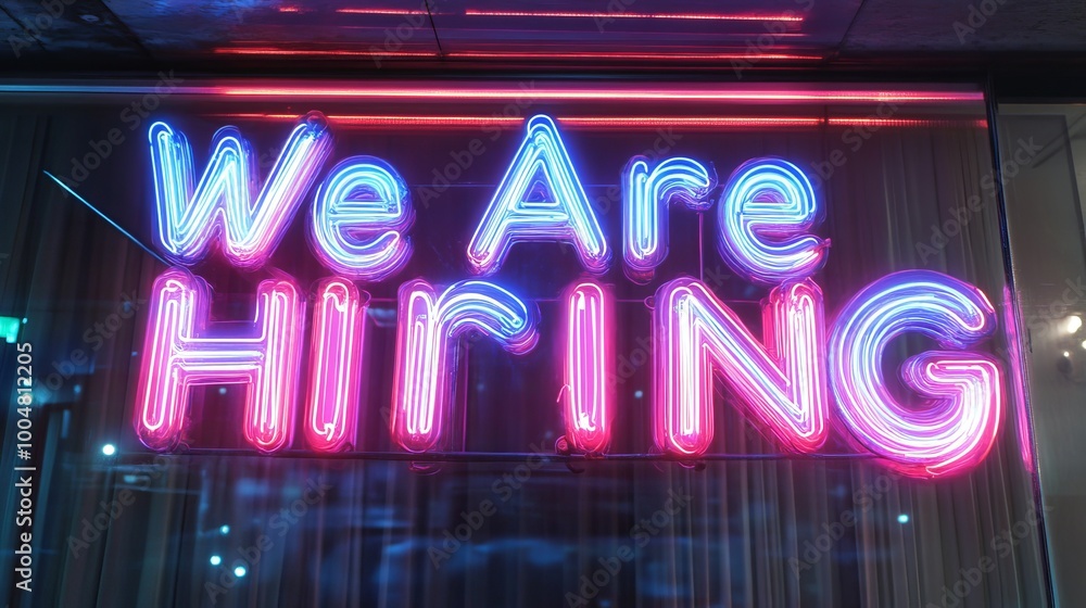 "We Are Hiring" text in a neon font, with luminous and shimmering ...