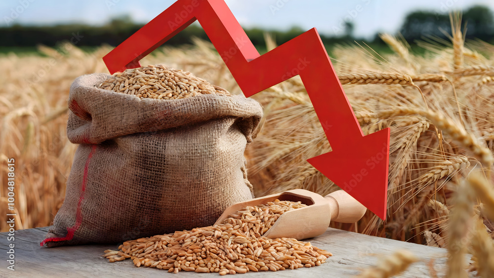 Grain Market Decline: A Sack of Wheat with Red Downward Arrow ...