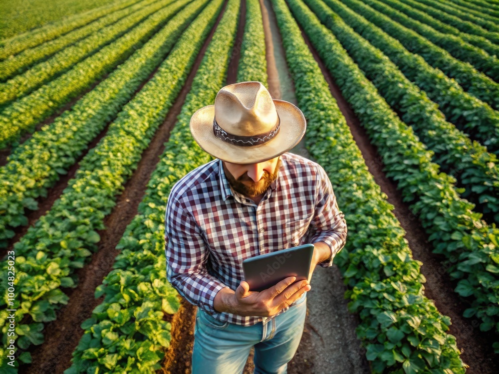 Agricultural farmer using tablet to analyze crop data and conduct ...