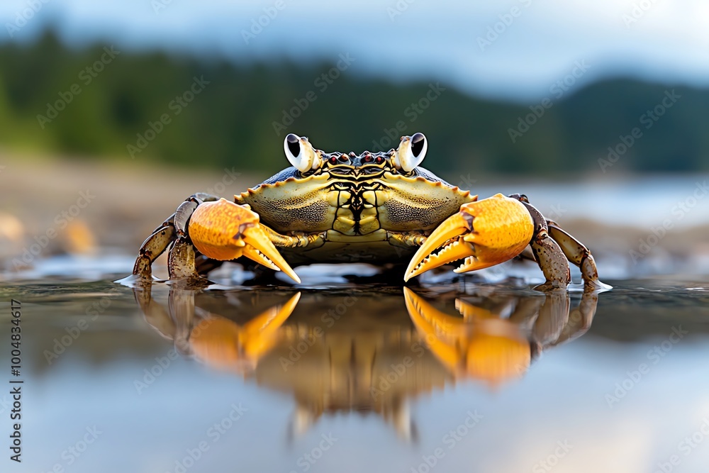 An estuary habitat where freshwater meets the sea, with crabs, fish ...