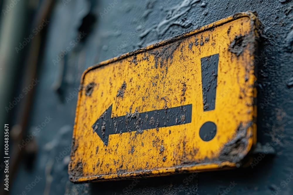 bold warning sign with an exclamation mark against a muted gray wall ...