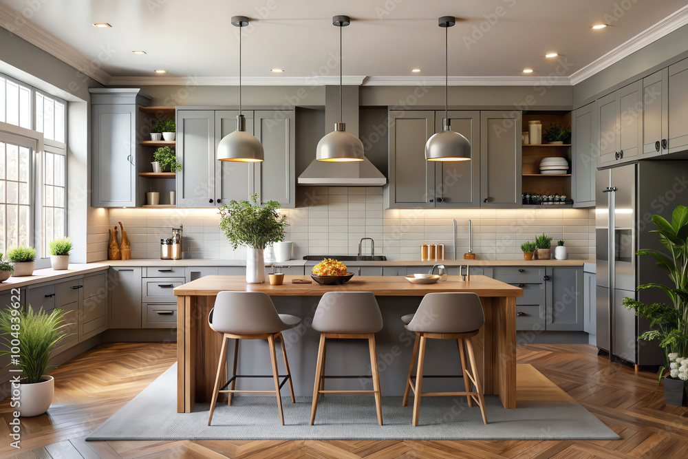 A modern kitchen interior featuring a grey color scheme, designed for ...