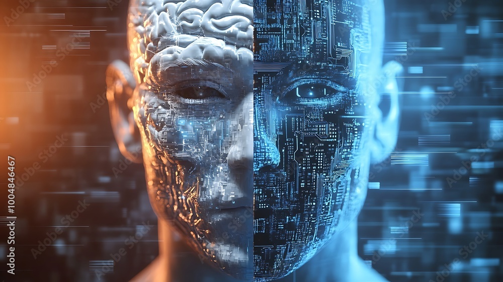 A human face split in half, one side is a brain and the other side is a ...