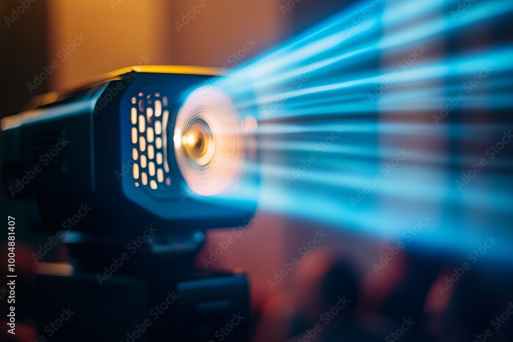 High-tech projector casting bright beams of light during a presentation ...