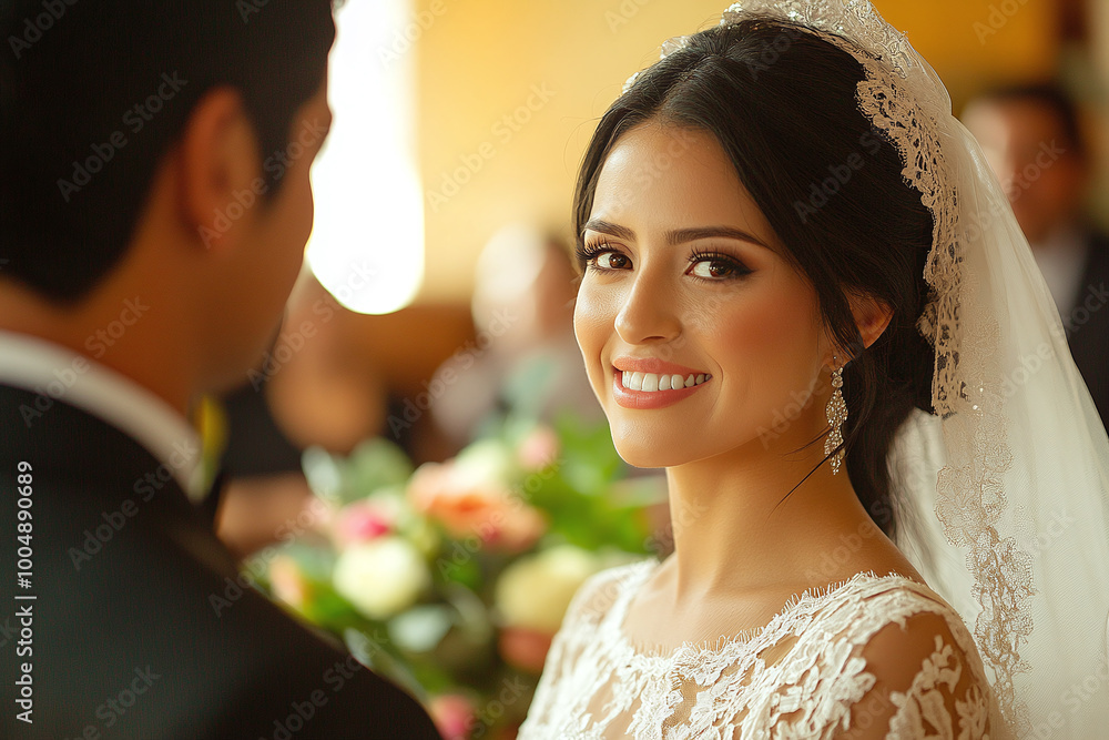 Traditional Mexican wedding ceremony with the bride and groom in ...