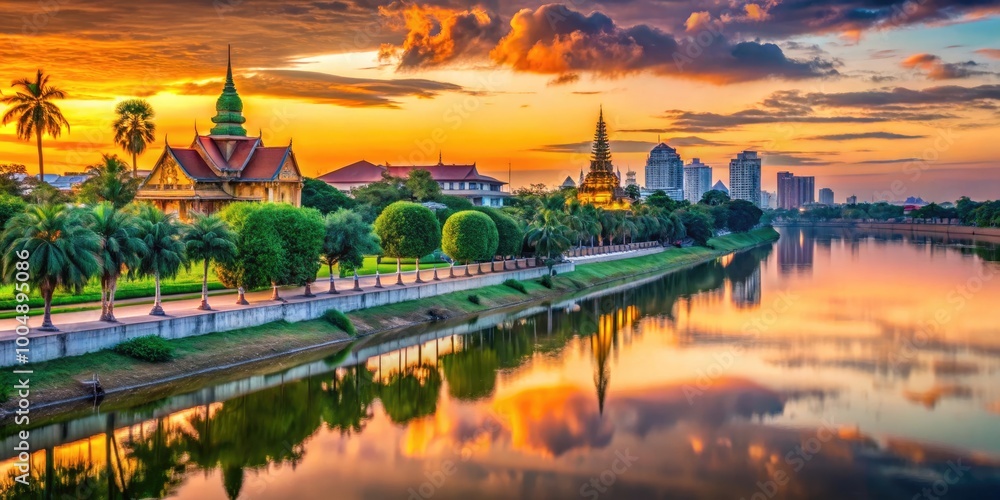 Stunning View of Phnom Penh Riverside with Sunset Reflections and Lush ...