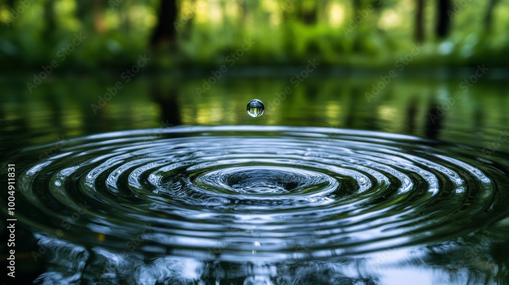 Droplet falling into a calm pond, creating expanding circular ripples ...