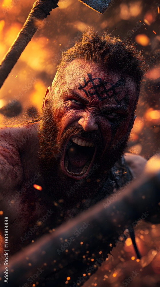 A fierce Berserker, painted with war symbols and wielding dual axes ...