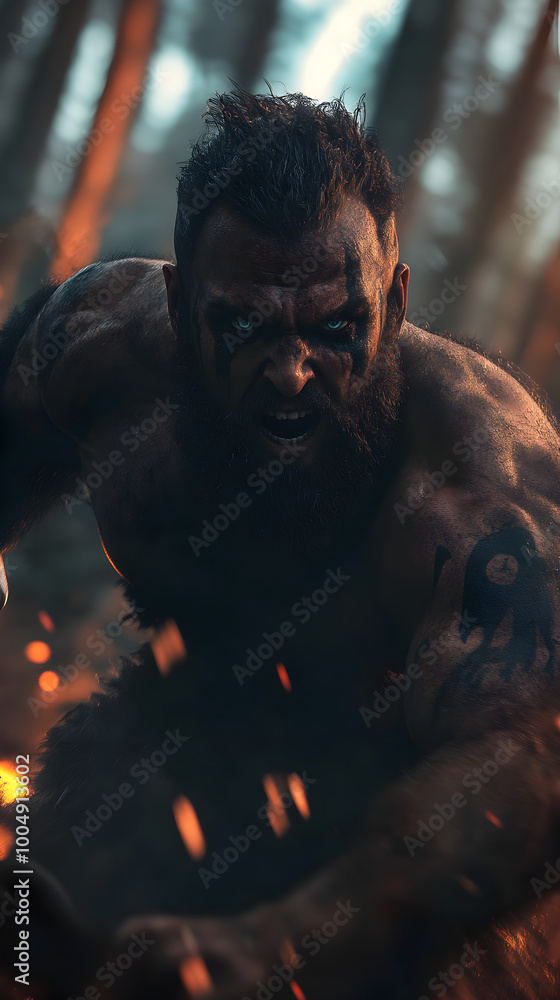 A fierce Berserker, painted with war symbols and wielding dual axes ...
