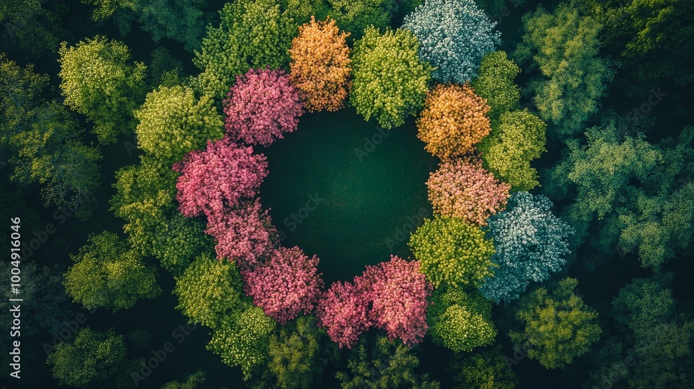 Circular formation of orchard trees in full bloom, each branch bursting ...
