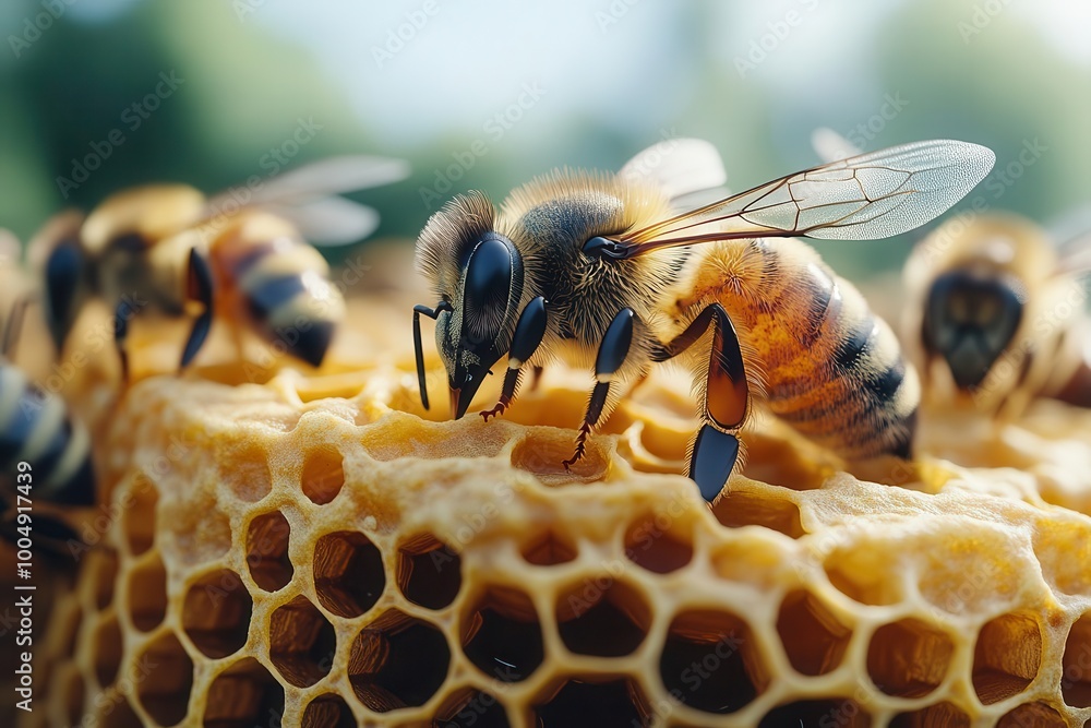 busy bees buzzing around a honeycomb diligently working under a bright ...