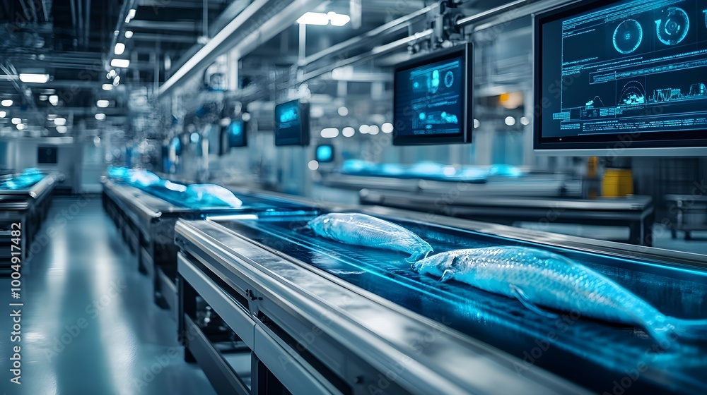 Robotic scanners on an automated fish processing line, using AI to ...