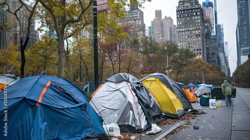 homeless tents line in bustling american city, highlighting ...
