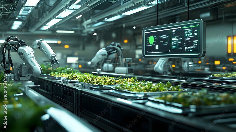 Holographic chart displaying food safety data above a conveyor belt ...