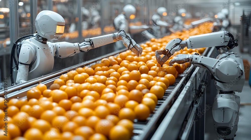 Modern food production line, with AI robots on a conveyor belt ...